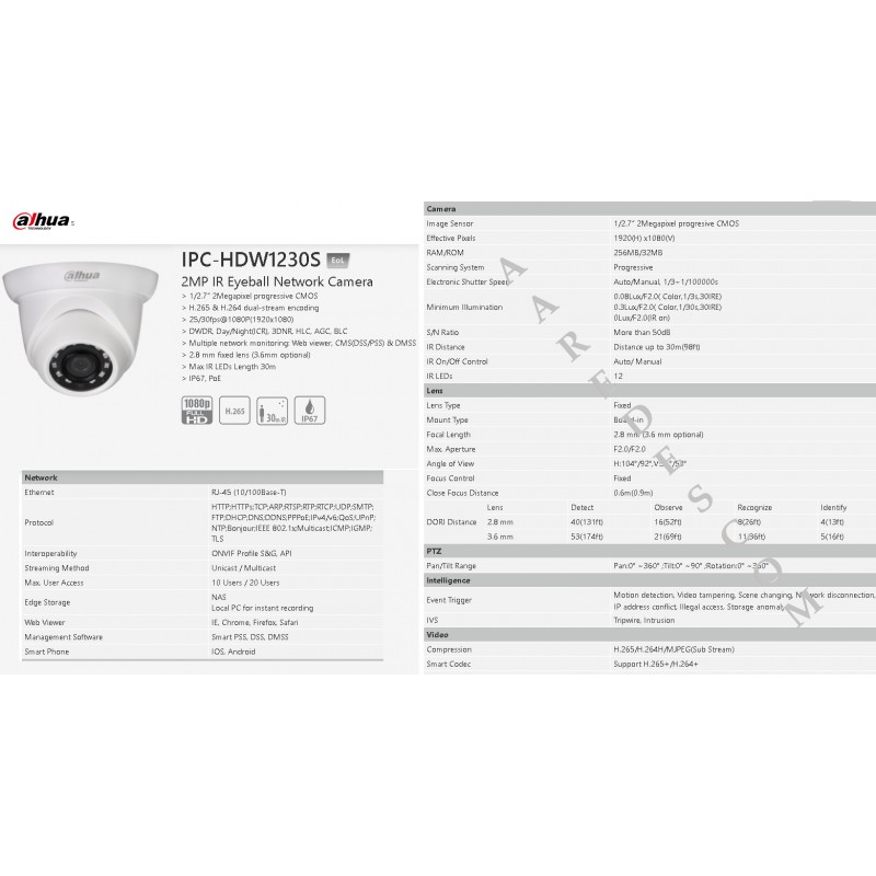 Camara IP Domo 2 Mpx 2.8mm Poe Dahua blanco, IR 30m, 1/4", Rj45, Onvif IP67 100Mbps, 24Leds ...